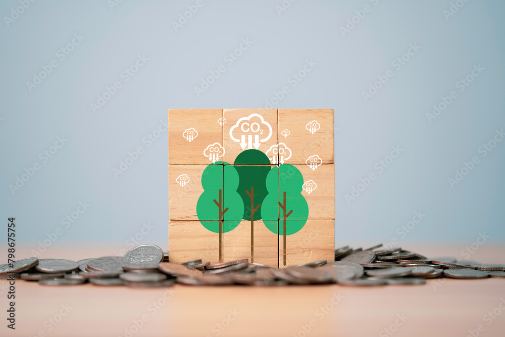 Drawing of tree and CO2 reduction icon print screen on wooden block cube and heap of coins for ...