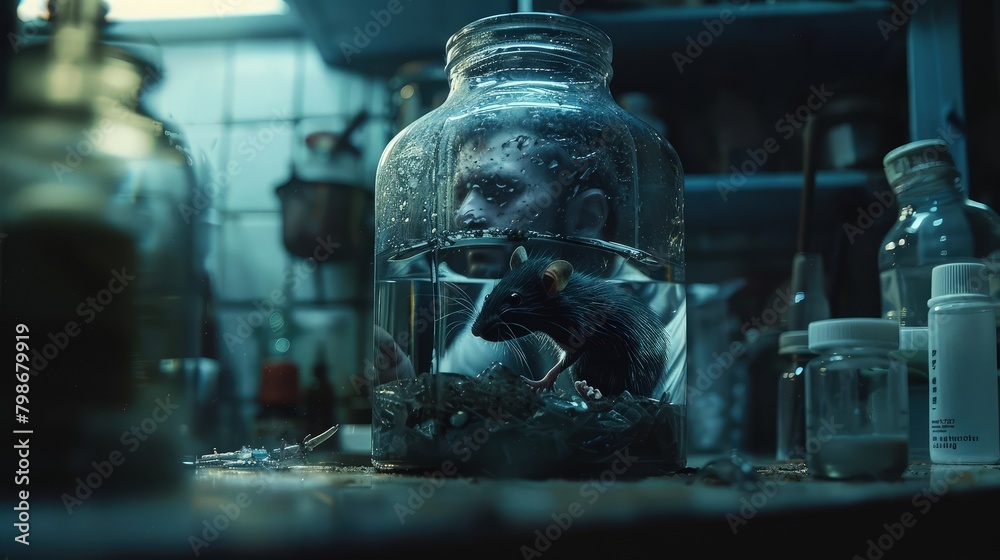 The scared man is inside a medical jar in scientific laboratory. The ...