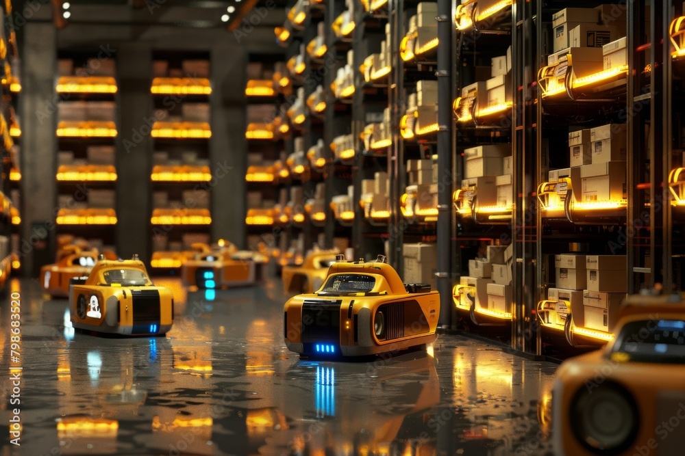 Self-driving robots efficiently sorting packages in a high-tech warehouse, exemplifying the ...