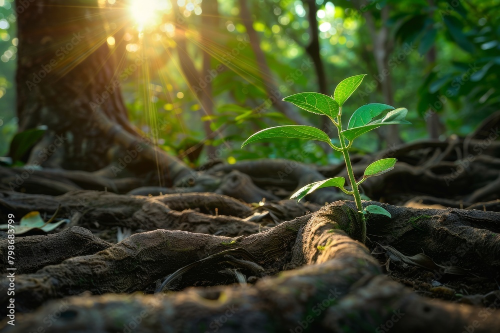 A young sapling emerges among ancient tree roots, symbolizing hope ...