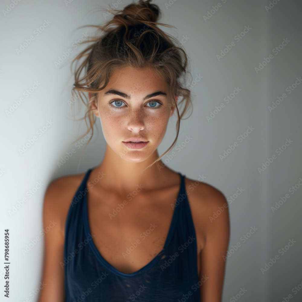 headshot of beautiful female model, light brown hair in messy bun, blue ...