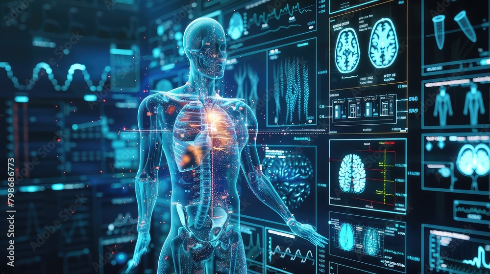 A visual representation of medical technology overlaid on a human body ...