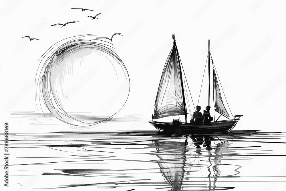 Boating. One-line drawing on a white background. The illustration style ...