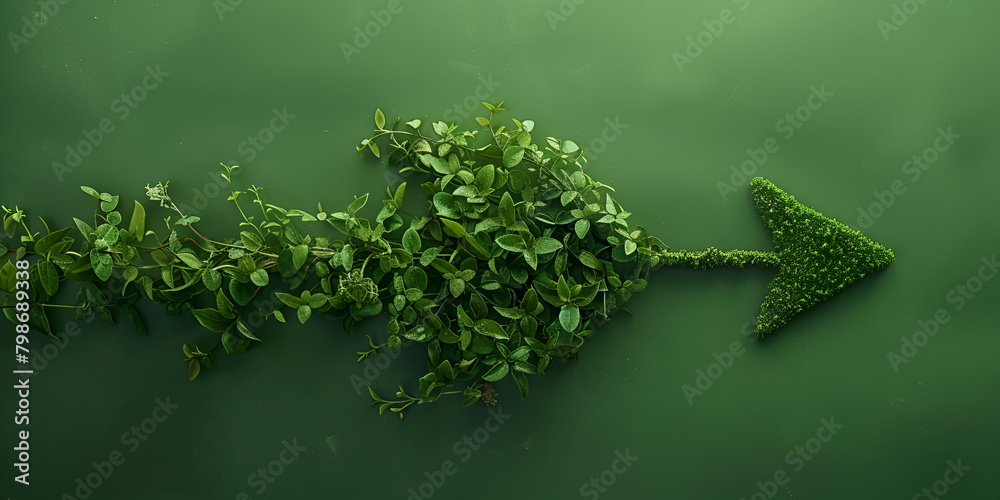top view of arrow covered with green leaves isolated green background ...