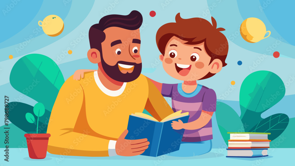Father reading a book to son. Cartoon illustration of family bonding ...