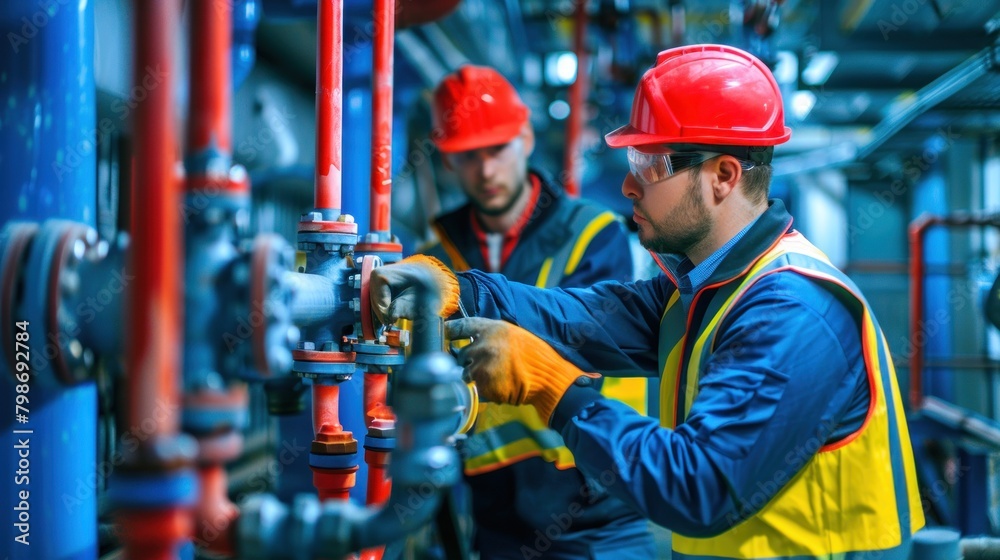 Workers installing a sprinkler system for fire protection. Stock Photo ...