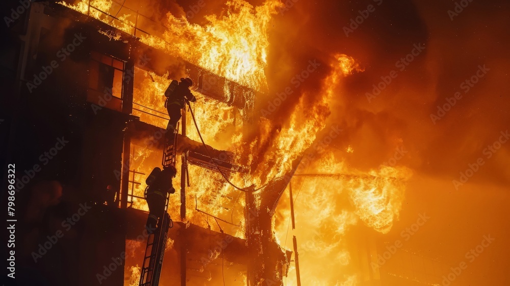 Firefighters using advanced equipment to douse flames engulfing a ...