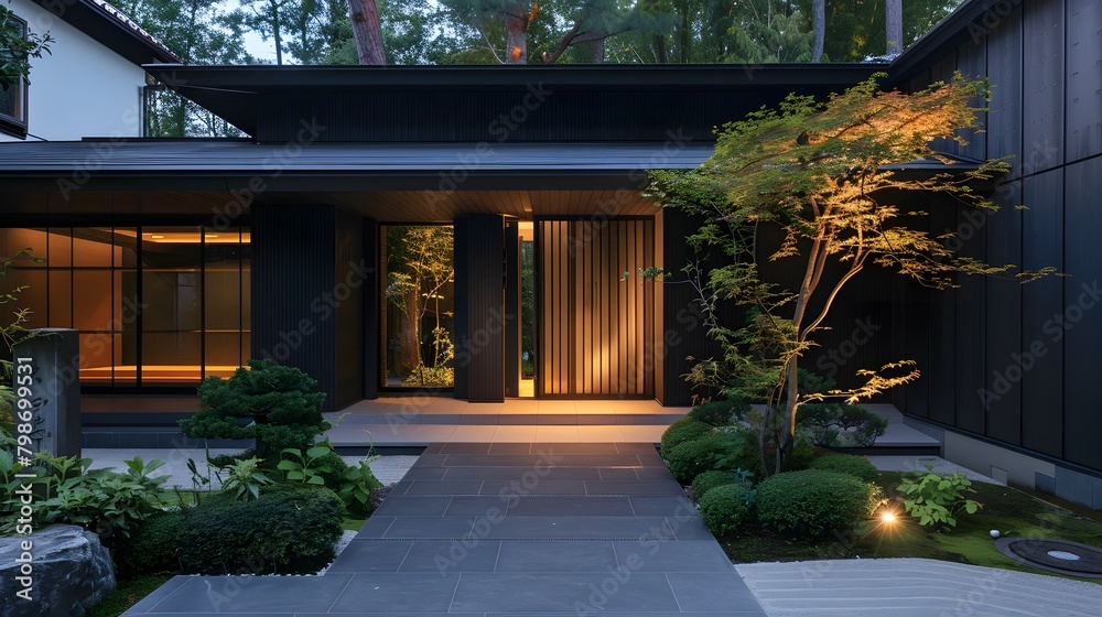 Main entrance door. Japanese, minimalist style exterior of villa in ...