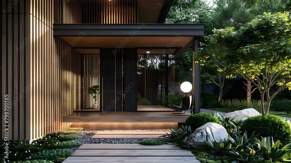 Main entrance door. Japanese, minimalist style exterior of villa in ...