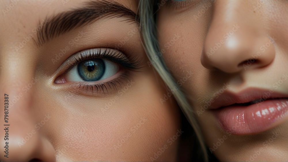 Generate a close-up photograph of a woman's upper body, focusing on her ...