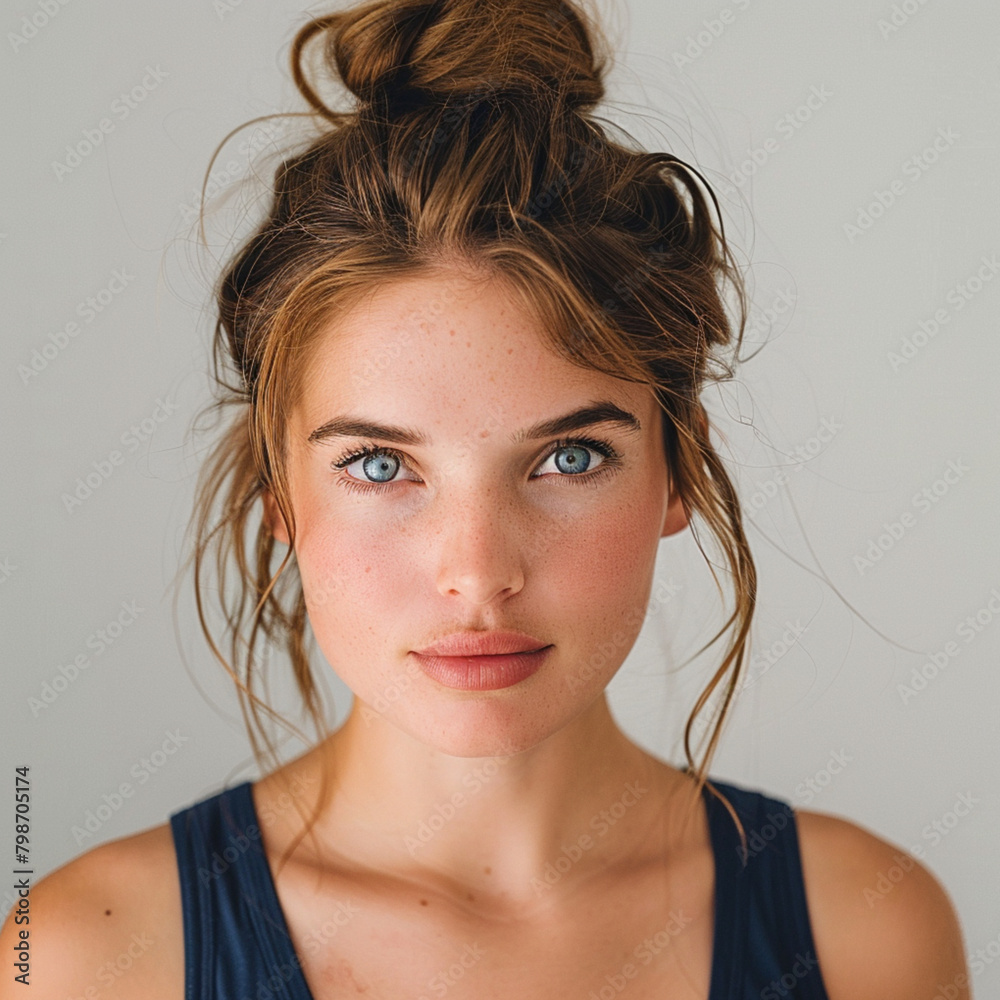 headshot of beautiful female model, light brown hair in messy bun, blue ...