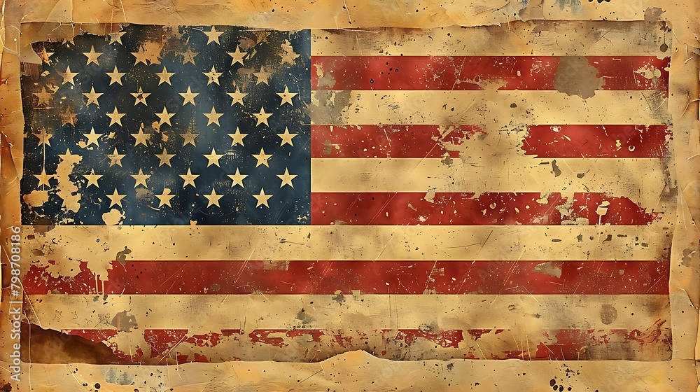 A vintage rendition of the USA flag painted on aged parchment ...