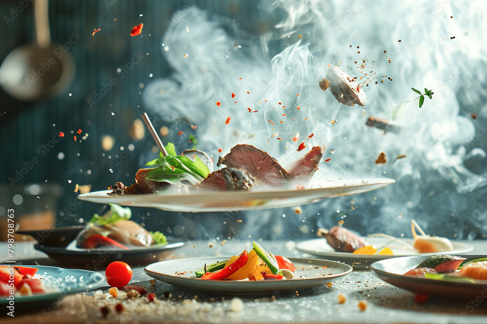 Different types of meal and vegetables cooked flying and floating in ...