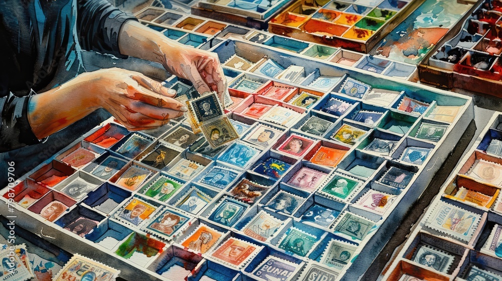 A watercolor painting of a person sorting through a large collection of ...