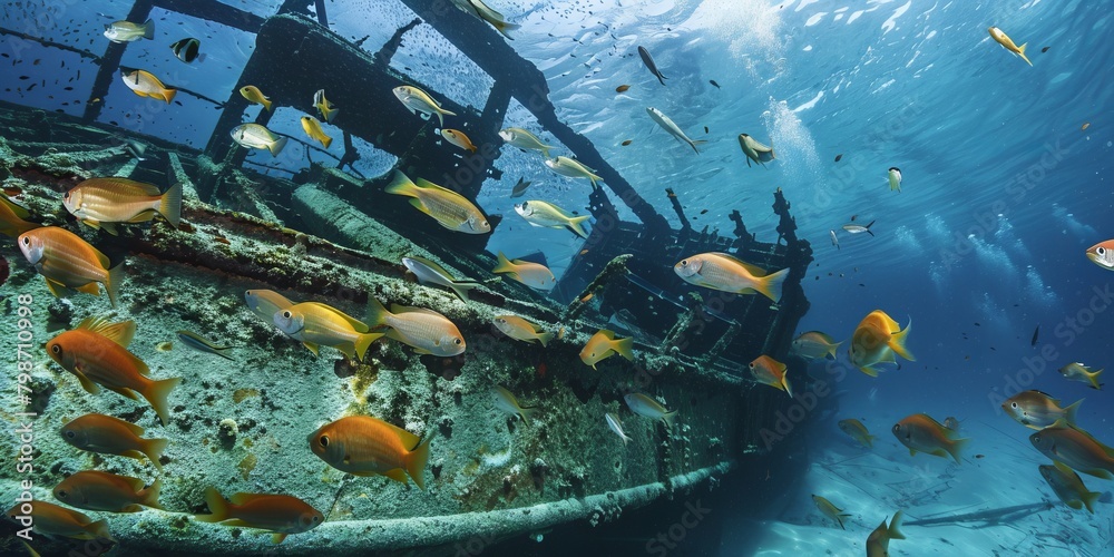 fish swimming around broken shipwreck under the deep blue sea. Stock ...