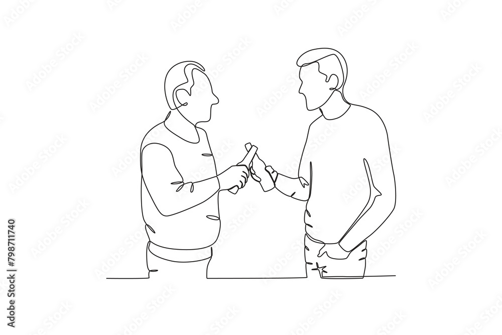 Single continuous line drawing of Neighbors sharing drinks. Having ...