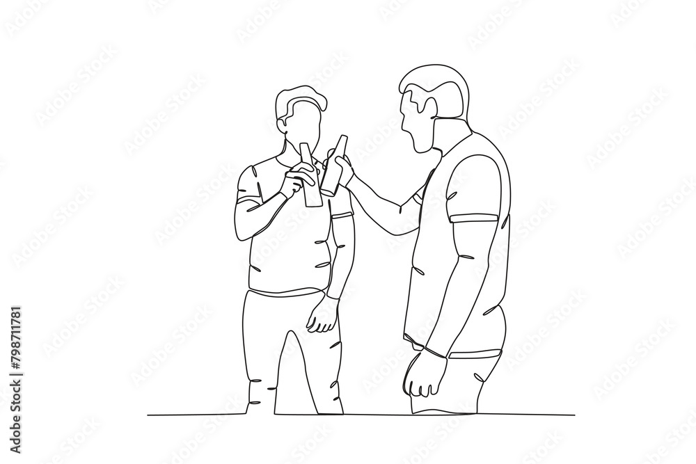 Single continuous line drawing of Neighbors sharing drinks. Having ...