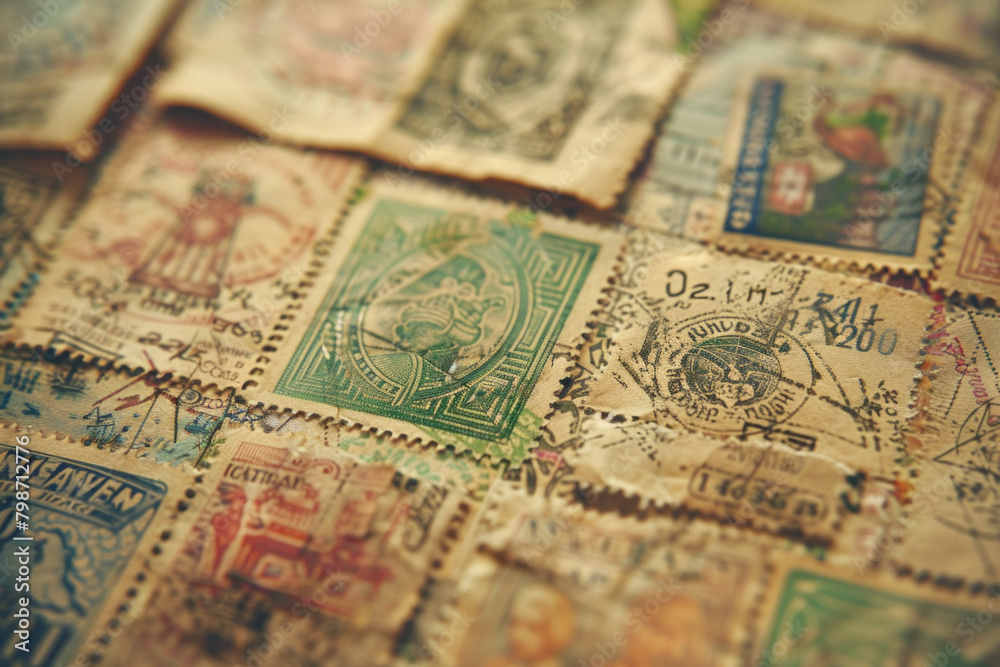Textured surface of vintage postage stamps, featuring intricate designs ...