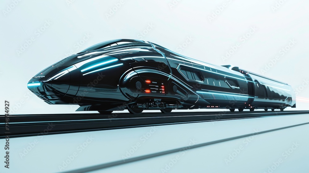 Side view of a scifi rail with jet propulsion, speeding on a sleek ...