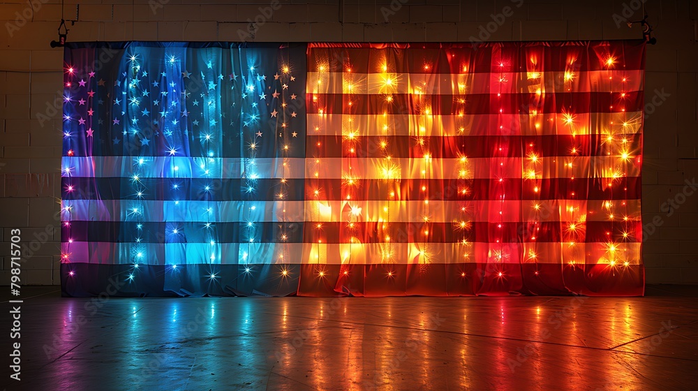 The USA flag backlit with soft, warm lights, casting a luminous glow ...