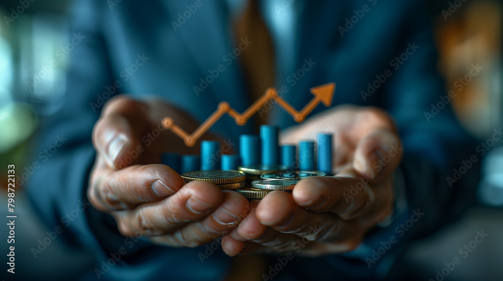 A businessman holds coins in his hands, demonstrating a clear increase ...