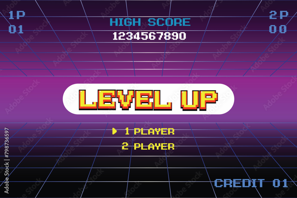 LEVEL UP. Synthwave wireframe net illustration. pixel art .8 bit game ...