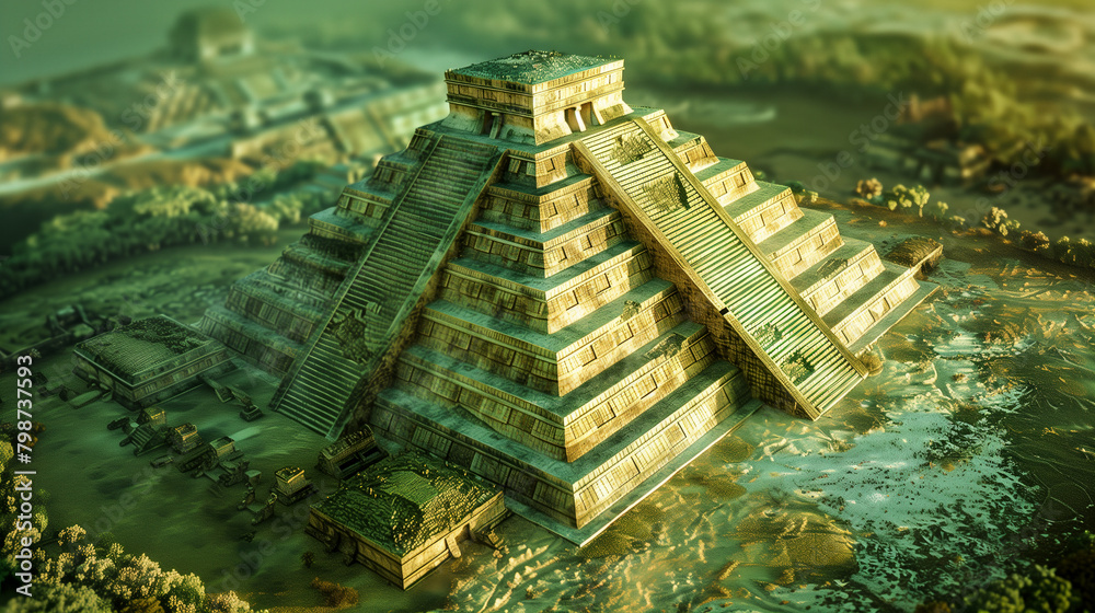 A captivating view of a Mayan temple at dawn, the ancient structure ...