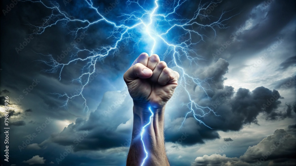 Hand holding up a lightning bolt. Energy and power. Stormy background ...