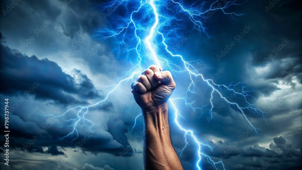 Hand holding up a lightning bolt. Energy and power. Stormy background ...