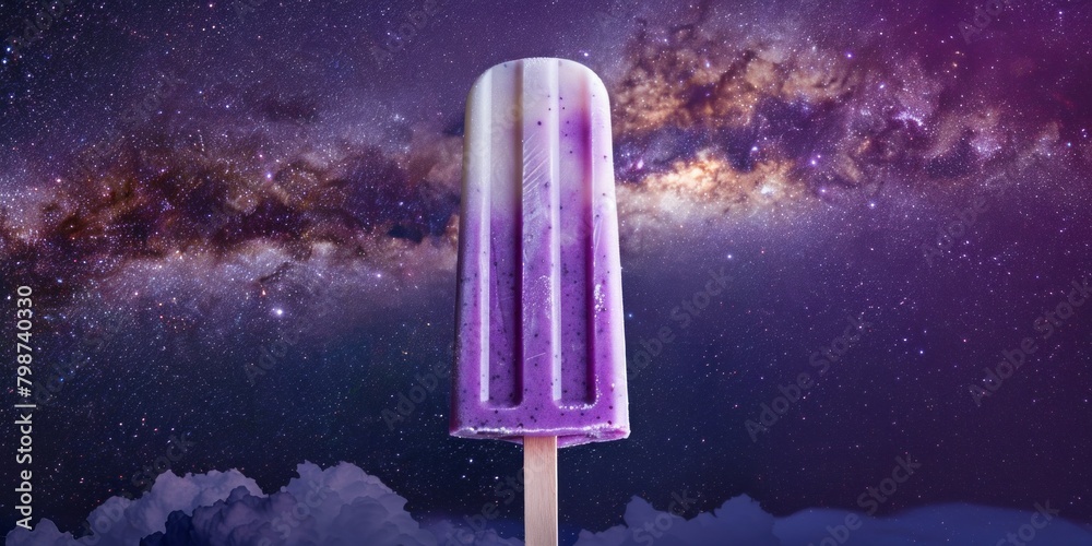 Purple ice cream on a stick floating in space with stars and planets ...