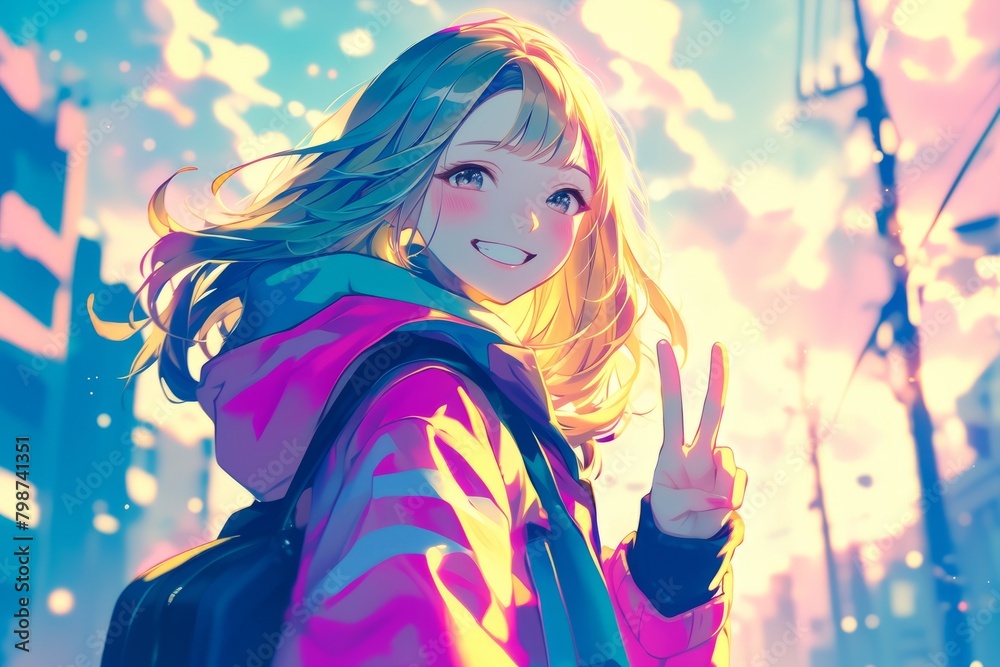 Happy and beautiful anime girl smiling and showing a peace sign in the ...