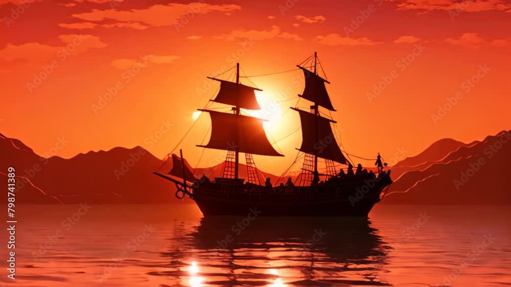 A pirate ship sailing across a body of water, navigating through the ...