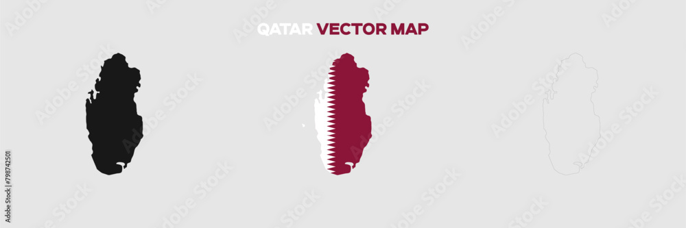 Qatar Map Vector Pack. Map with Flag. Gray Map Silhouette. Gray Outline ...