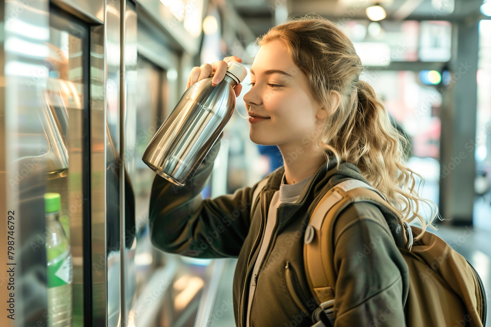 A woman using a reusable water bottle at a refill station ...