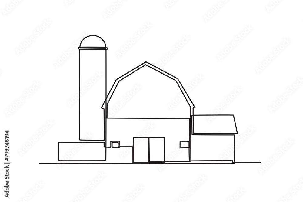 Single continuous line drawing of the Farm shed. Successful farming ...