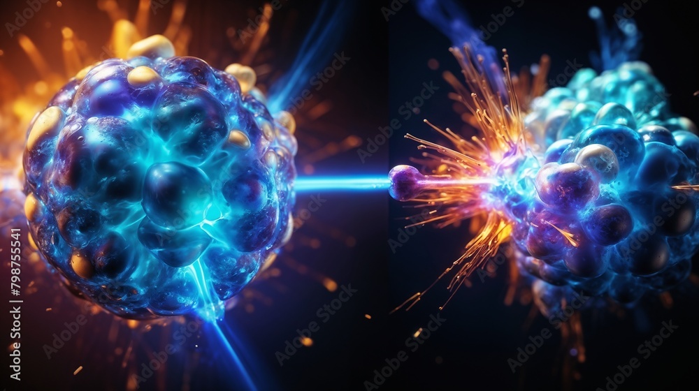 close-up, detailed visualization of two hydrogen isotopes, deuterium ...