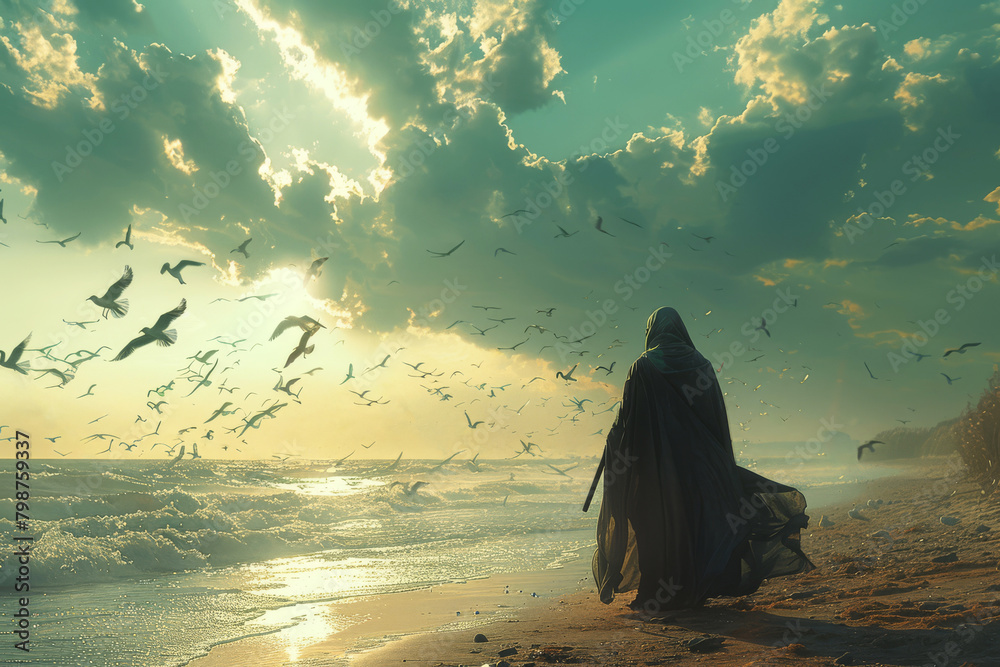 Cloaked figure grim reaper walks along the beach with scythe in hands ...