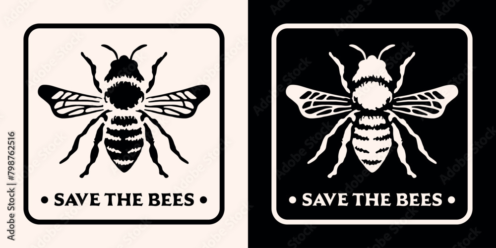 Save the bees lettering sticker badge logo. Protect pollinators insects ...