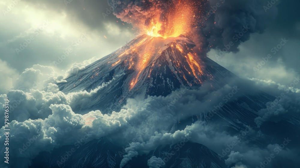 Poster Volcano eruption spiting molten lava and ash clouds over a ...