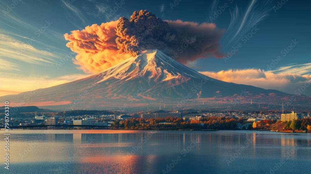 Volcano eruption spiting molten lava and ash clouds over a mountain ...