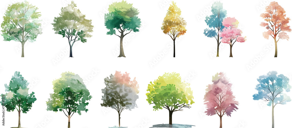 tree watercolor vector illustration, Minimal style tree painting hand ...