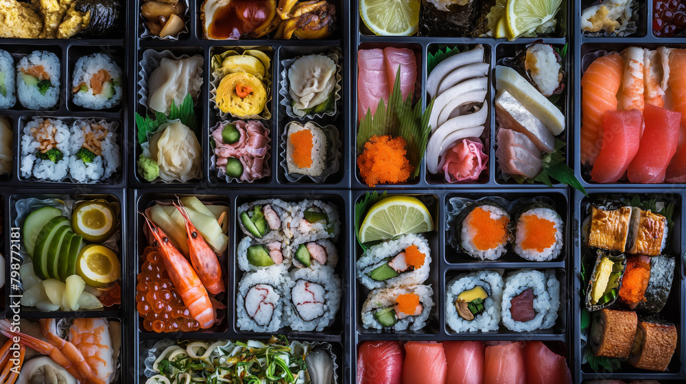An array of Japanese sushi selections presented in traditional bento ...