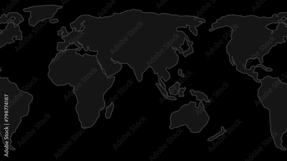 3d animation of a black world map on black background scrolling from ...
