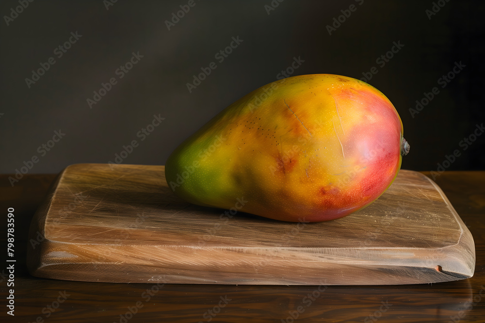 A ripe mango sitting on a wooden cutting board, its vibrant colors ...