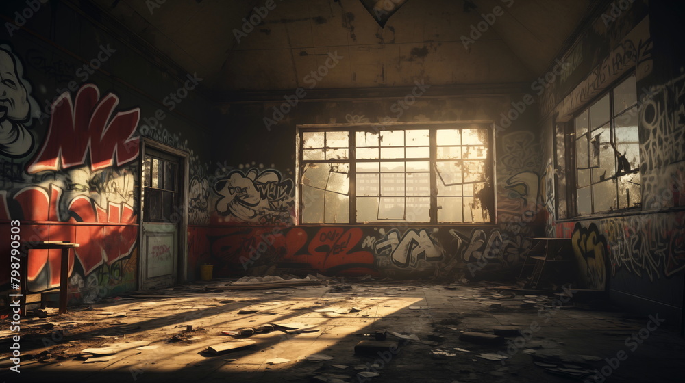 Old house with broken windows and graffiti. Abandoned, messy and ...