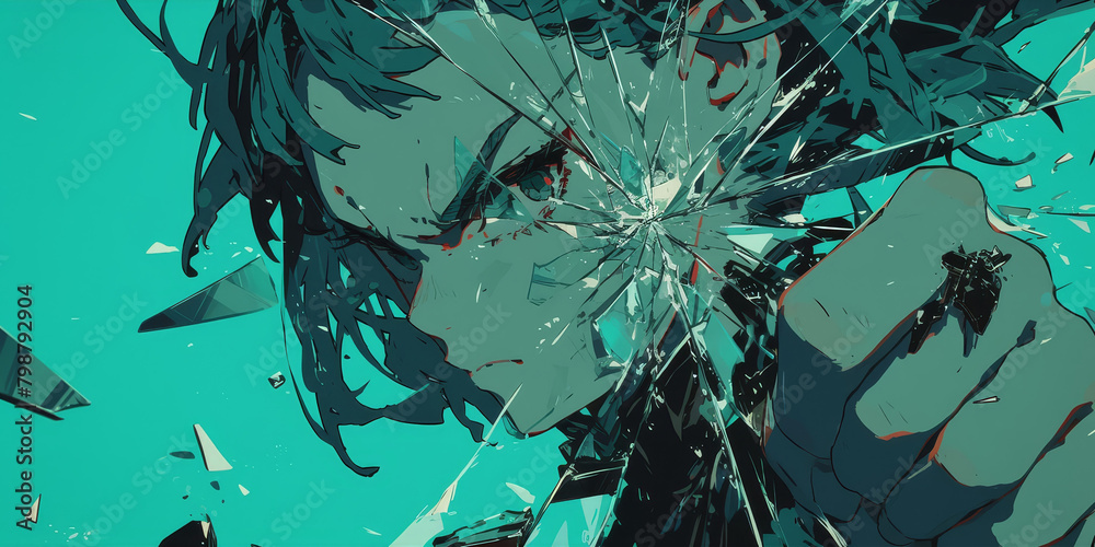 A close up of an anime girl holding broken glass and shattering it ...