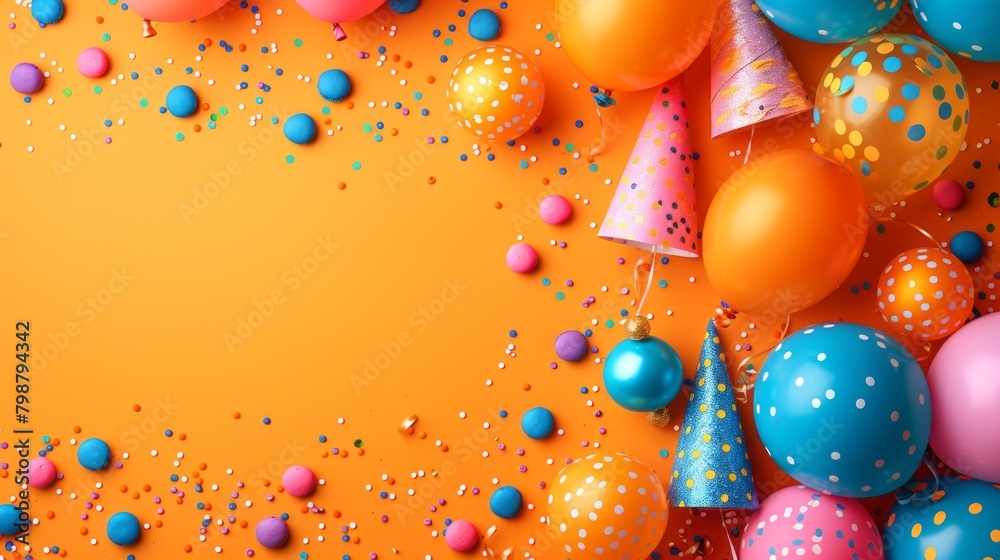 Bright and colorful party background with balloons, confetti, and ...