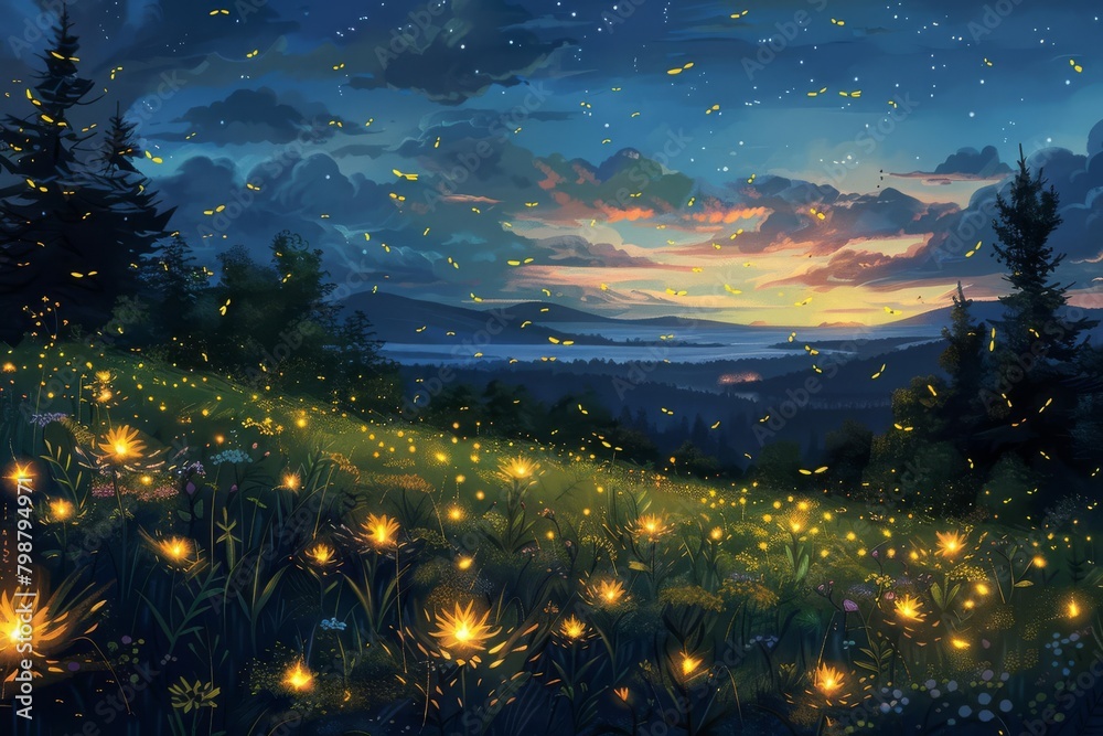 Atmospheric scene of fireflies lighting up a twilight meadow, creating a magical summer night ...