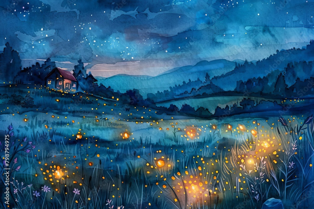 Atmospheric scene of fireflies lighting up a twilight meadow, creating ...