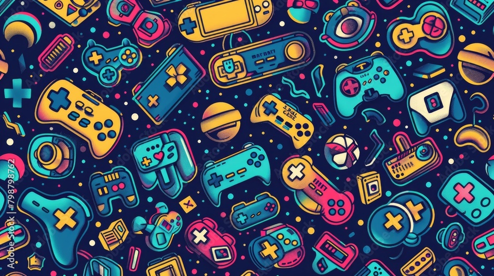 Imagine a seamless pattern background inspired by 90's video game ...